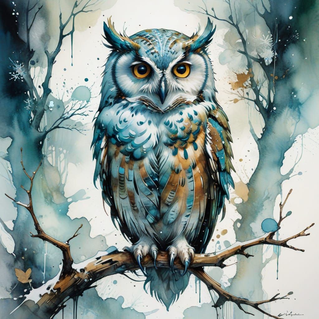 Whimsical Snowy Owl in Watercolour with Alcohol In... - AI Art