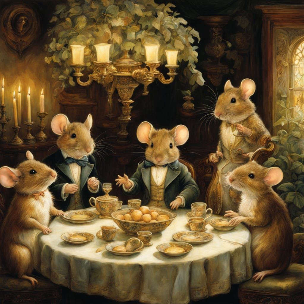Fine Dining - Mice in Formal Splendor Gather Around an Ornat...