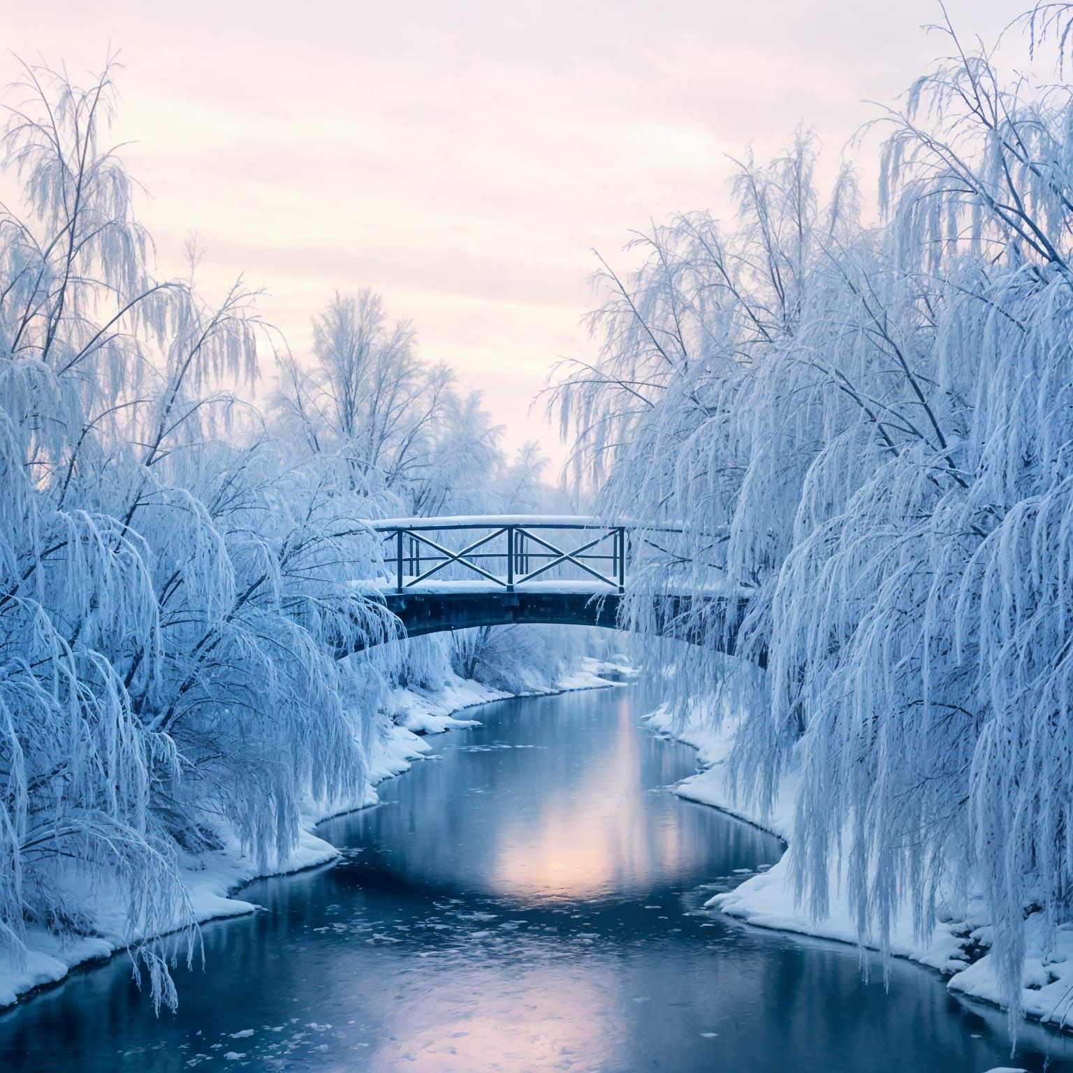 Snow-covered bridge crossing a frozen river, surrounded by snow-draped ...