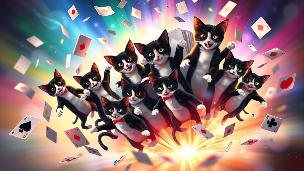 Feline Fury in Whimsical Card Chaos - AI Art