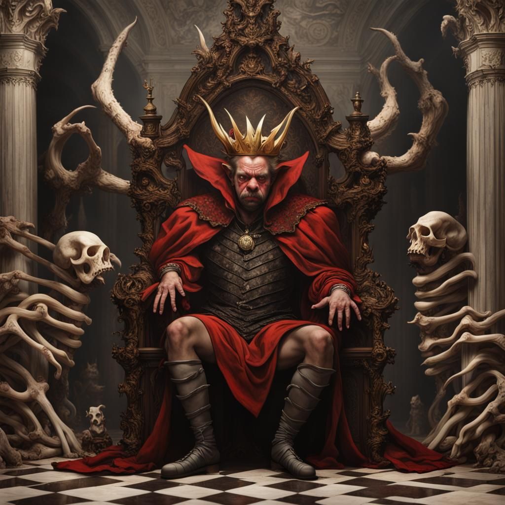 Detailed matte painting in the style of Carvaggio of a huge red goblin ...