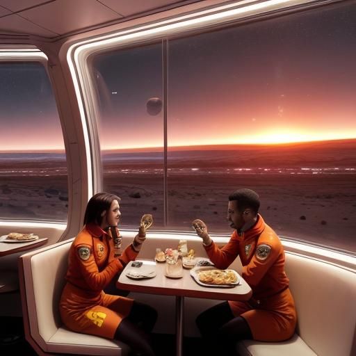Couple eating at the restaurant of Mcdonald's on Mars with a Mars ...