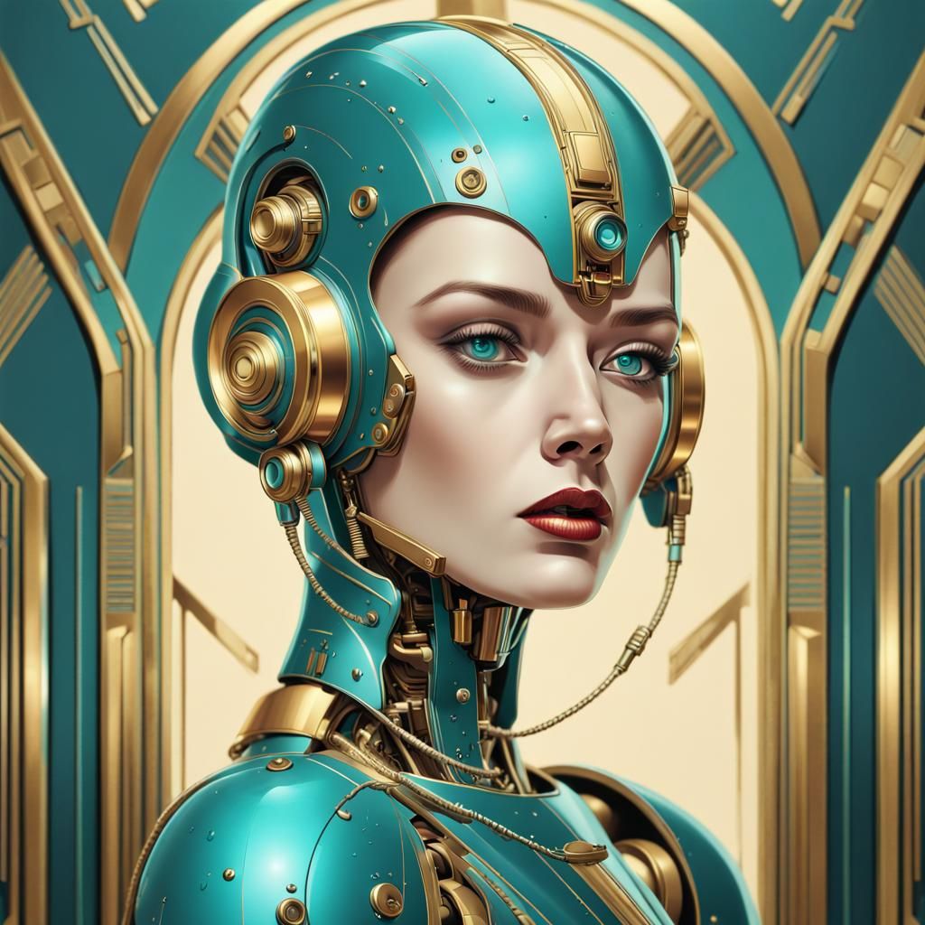 "Art Deco illustration beautiful robot, in the style of realistic hyper ...