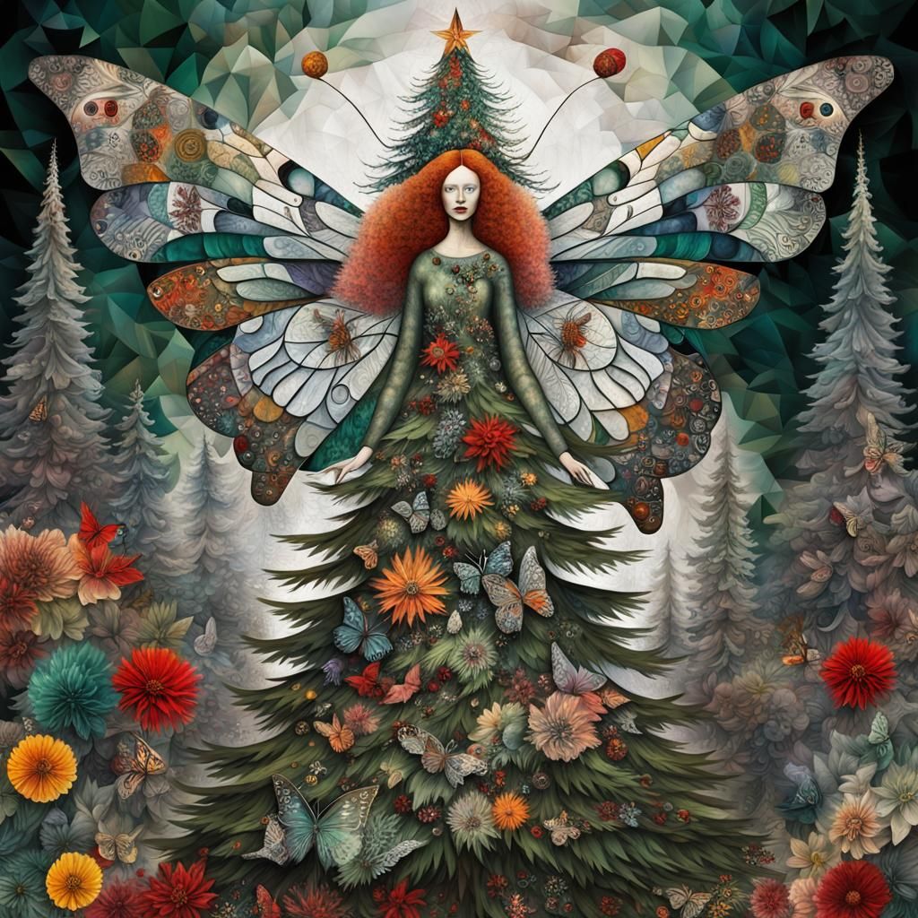 Christmas Tree, Patchwork, intricate details, Maximalism.Evergreen tree ...