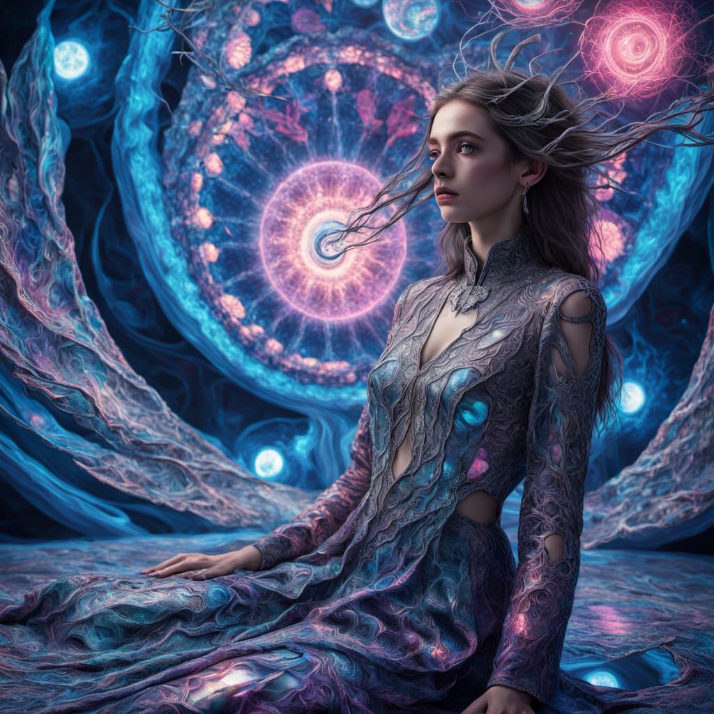 A cosmic artisan hammers nebulae into glowing statues atop a platform of frozen starlight, their ...