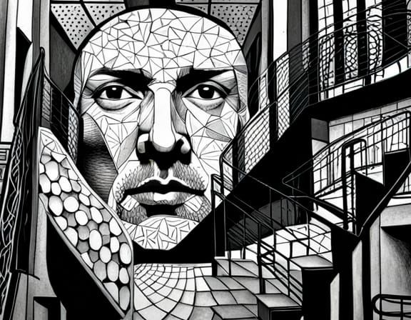 M. C. Escher face and klimt architecture staircase Abstract geometric ...