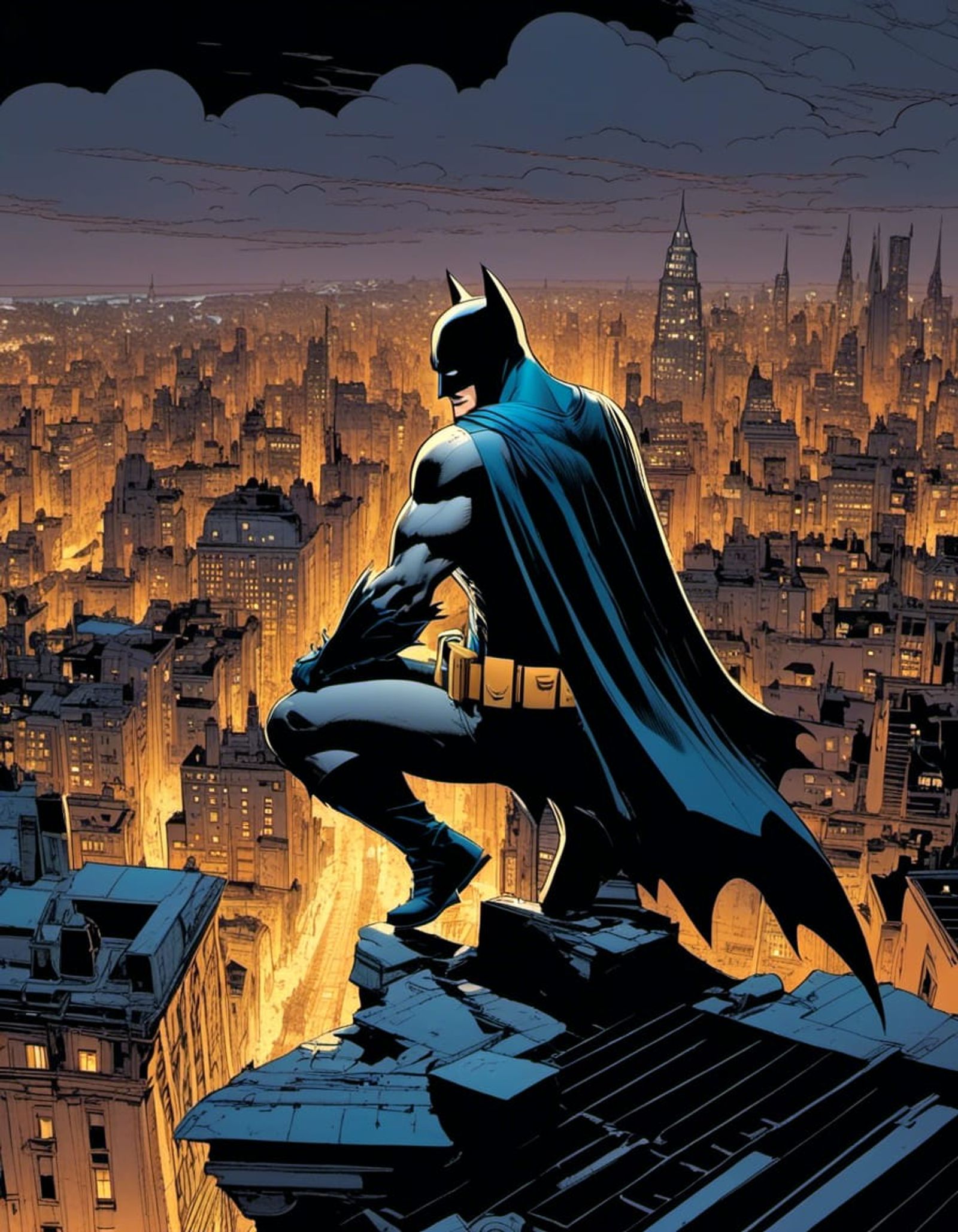 Epic dark brooding Batman looking down on Gotham city from a rooftop ...