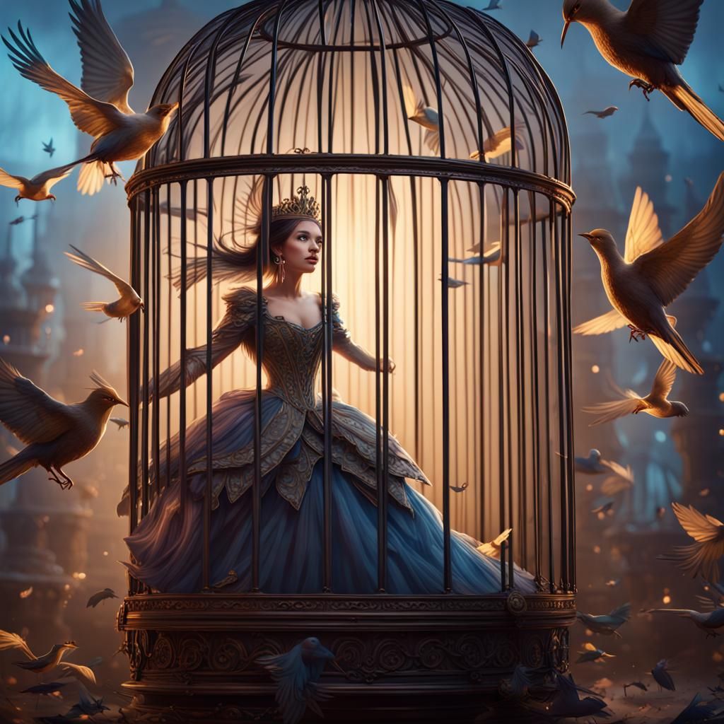 A beautiful princess trapped in a bird cage with beautiful birds flying ...