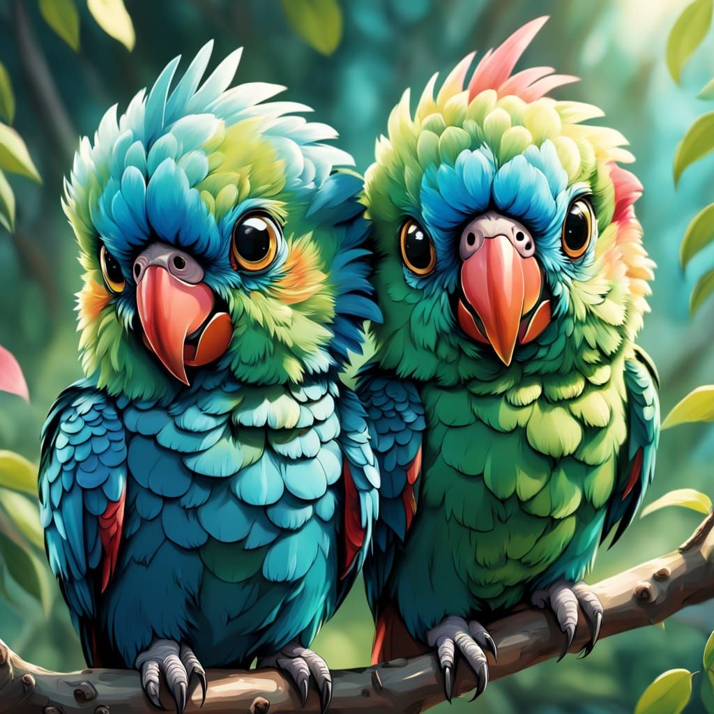 Chibi Two-Headed Parrot in Vibrant Anime-Inspired ... - AI Art