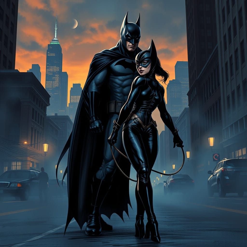 Batman Meets Catwoman in a Gritty Gotham City Nigh... - AI Art