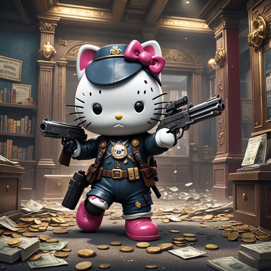 hello kitty robbing a bank with a gun - AI Generated Artwork ...