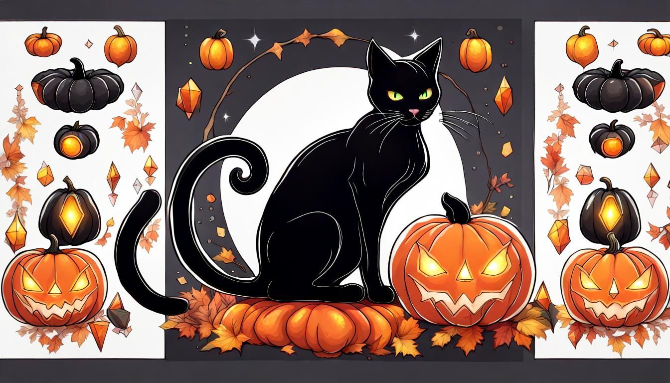 realistic black cat with a pumpkin and magical crystals, intact tail - AI Generated Artwork ...