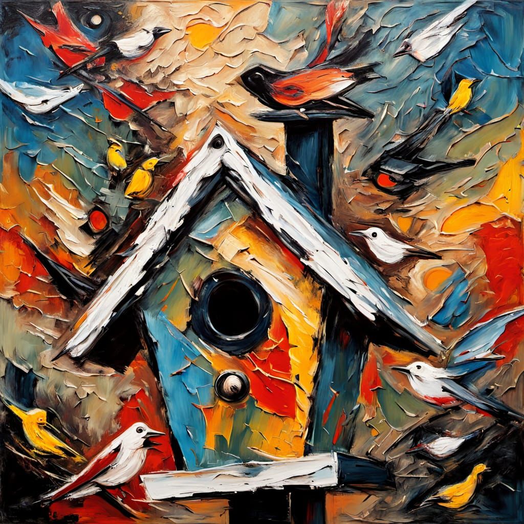 An abstract expressionist birdhouse blending into a chaotic nature ...