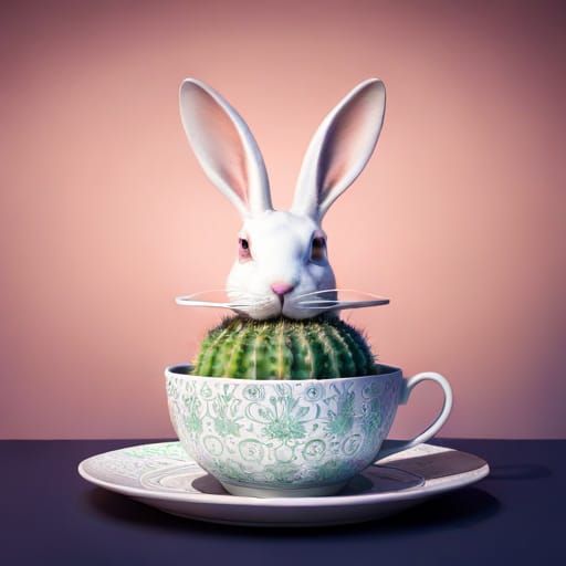 cactus rabbit with long ears in a teacup, cup with cactus bunny; highly ...