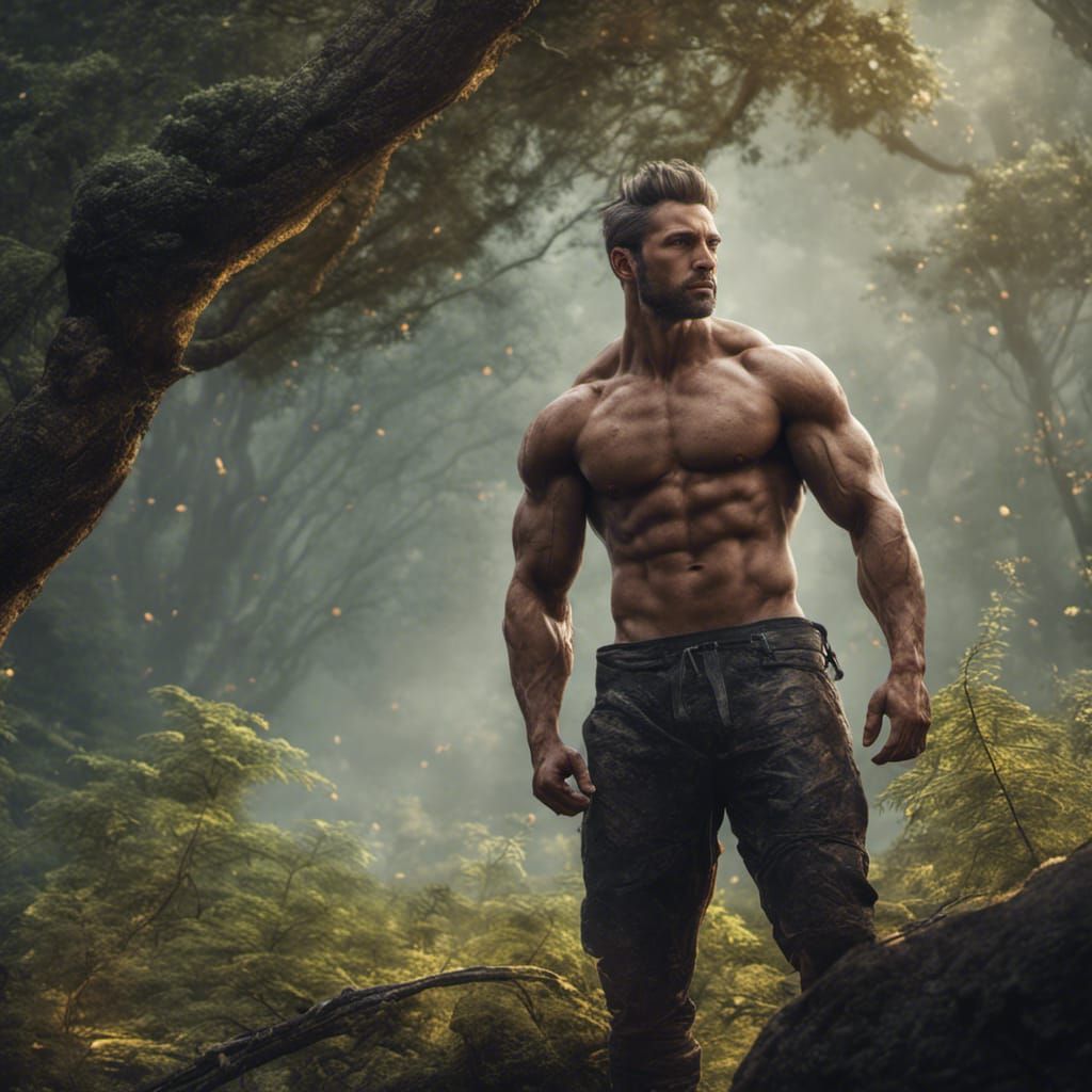 Muscular hunk standing in forest - AI Generated Artwork - NightCafe Creator