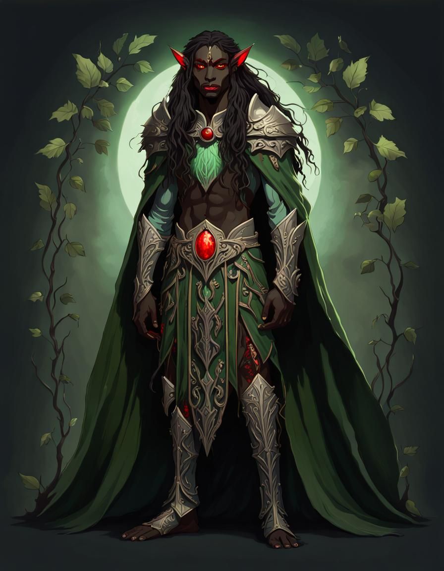 A full body shot of an ornate art deco gothic dark skinned long haired ...