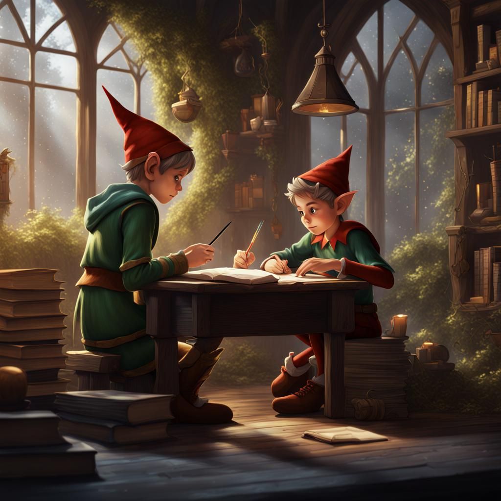 an elf boy and his elf dad doing homework together - AI Generated ...