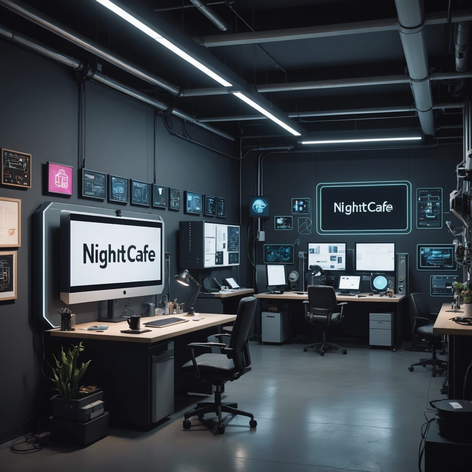 A studio with a sign that only reads "NIGHTCAFE'" In a futuristic AI ...