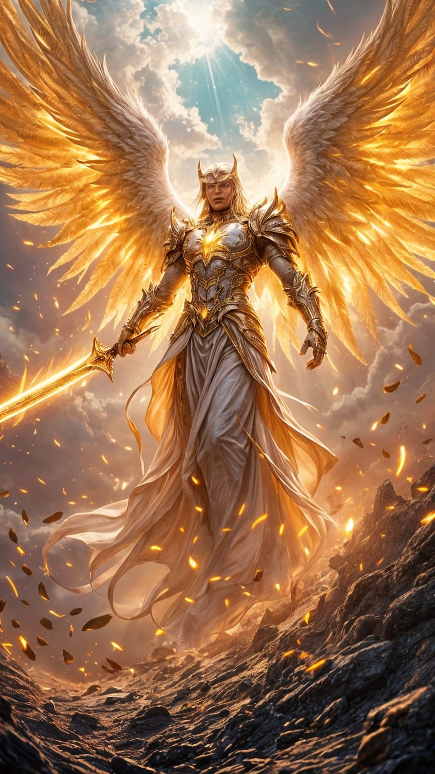 Celestial Angel Battles Fallen Infernal Warrior in... - AI Art