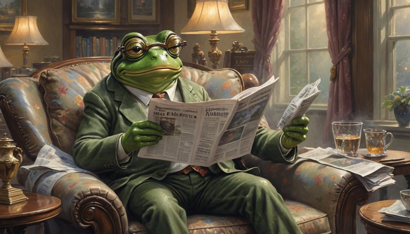 frog with glasses, sitting in a chair, reading the newspaper - AI ...