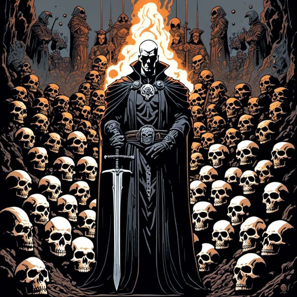 a man standing in front of a bunch of skulls, concept art, inspired by ...