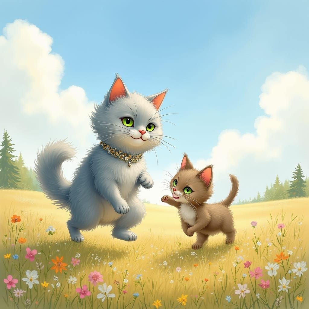 Whimsical British Cats Play in a Sun-Kissed Field - AI Art
