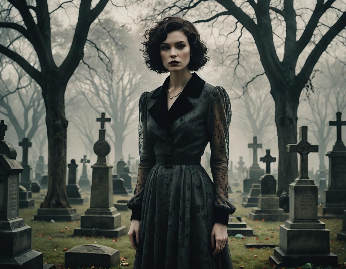 Widow. - Ethereal Mourning Beauty in a Mysterious Cemetery
