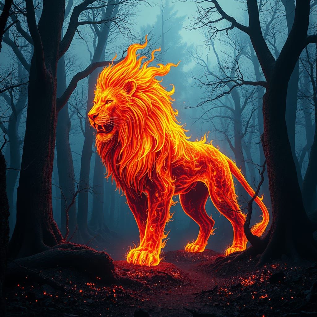 Majestic Lion of Living Flames in Enchanted Forest - AI Art