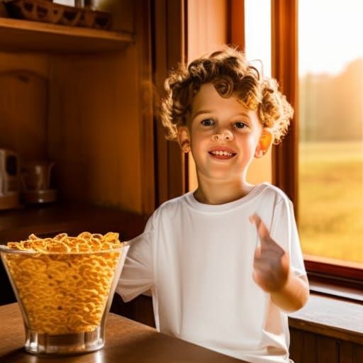 transparent boy, ghost, eating corn flakes in a wooden kitchen, golden ...