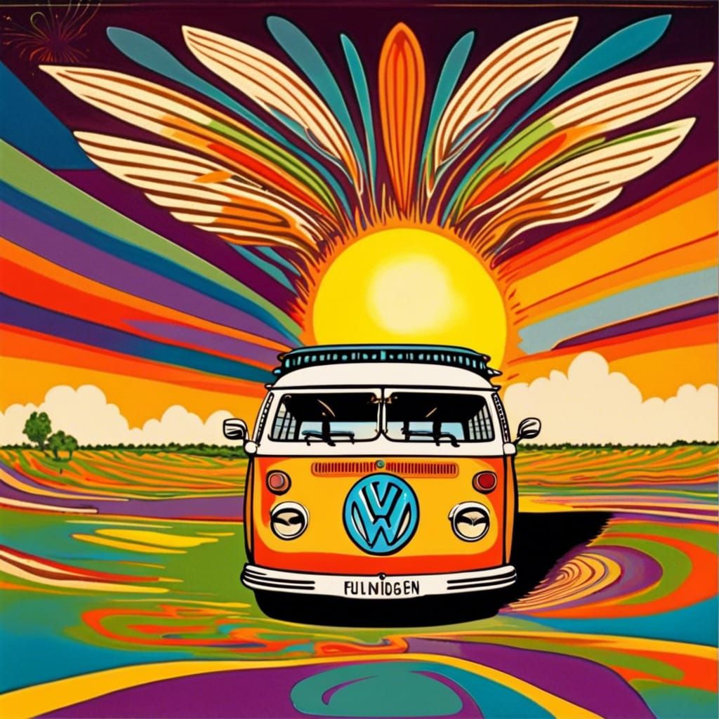 1960s & 1970s Psychedelic Volkswagen minibus with wings flying over the sun artwork psychedelic ...