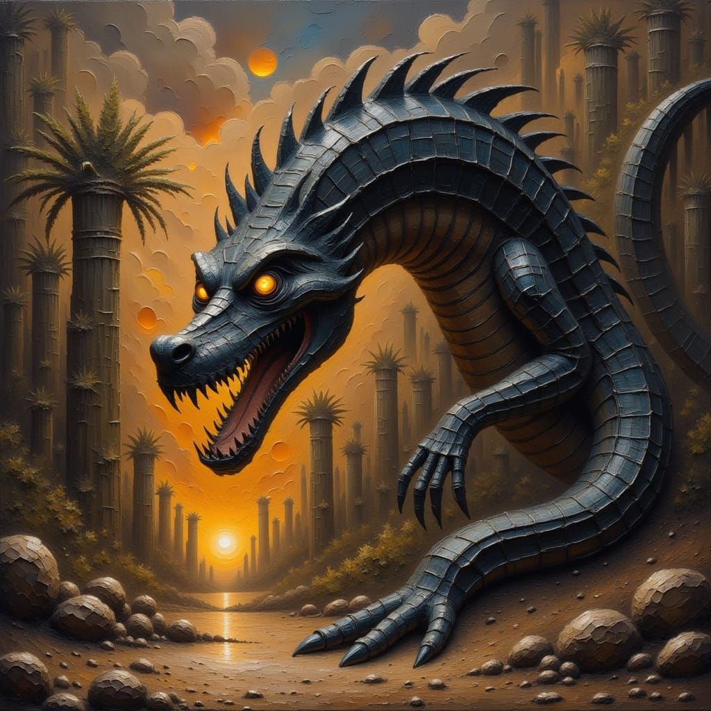 A colossal, serpent-like crocodile deity with scales as black as the ...