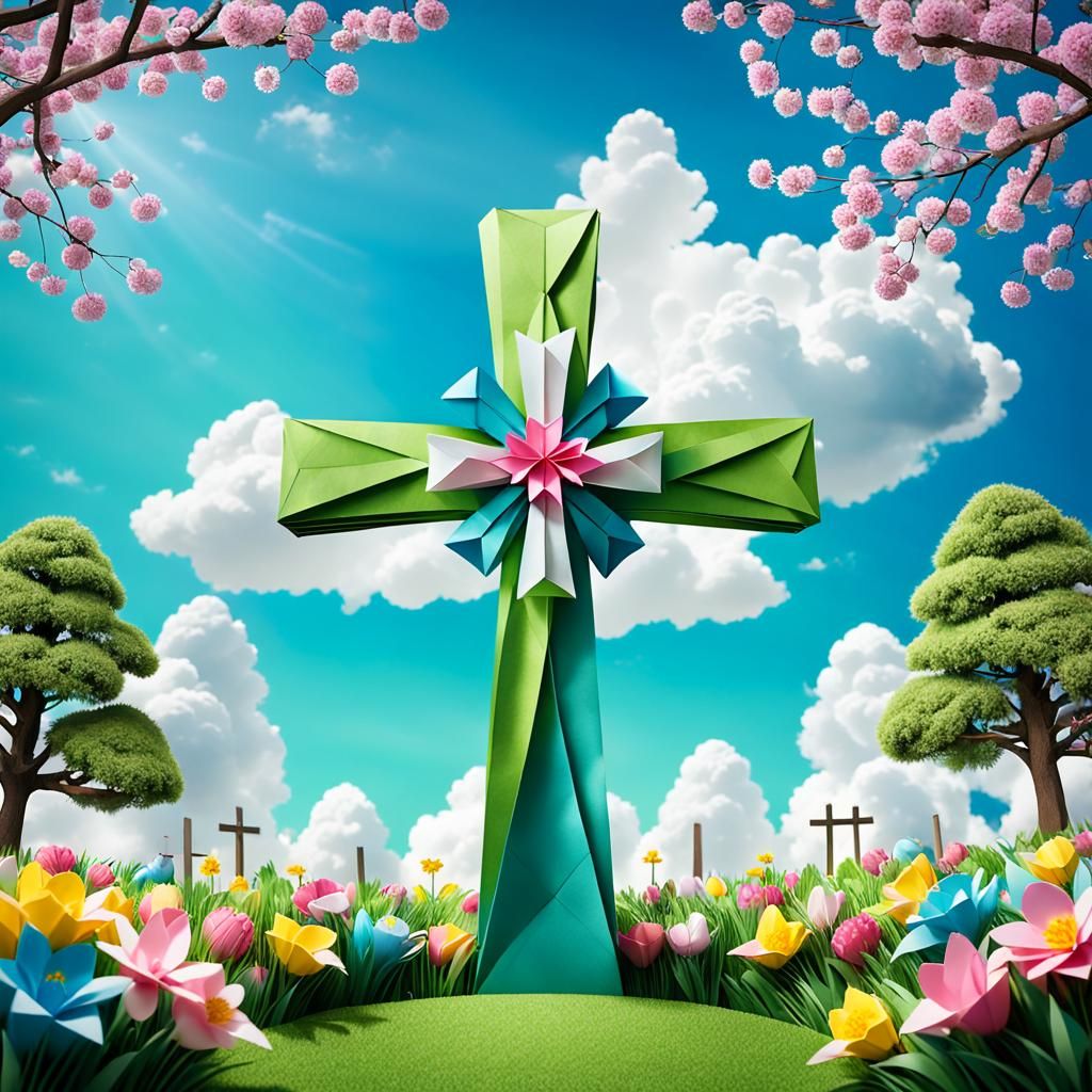 Origami symmetrical, giant easter cross draped with ribbon surrounded ...