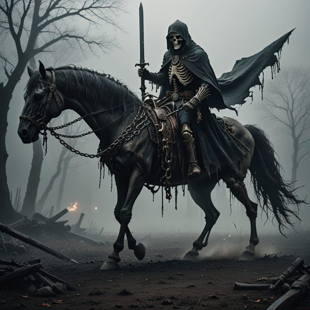 Ghostly skeleton wearing ragged cloak is dragging a powerful massively ...