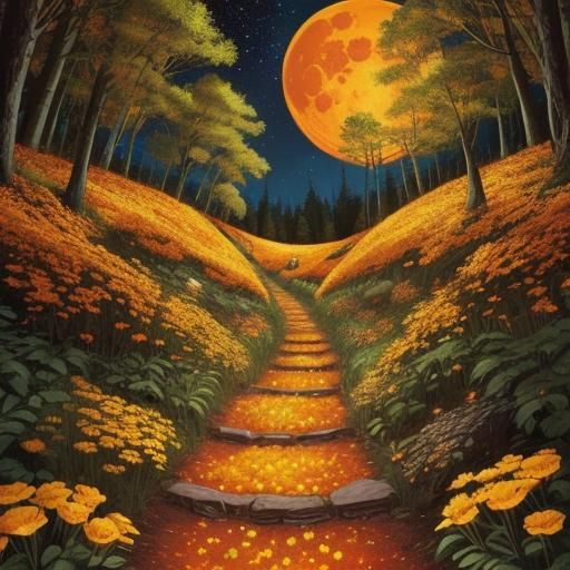 A painting of a glowing golden yellow pathway through a field of ...