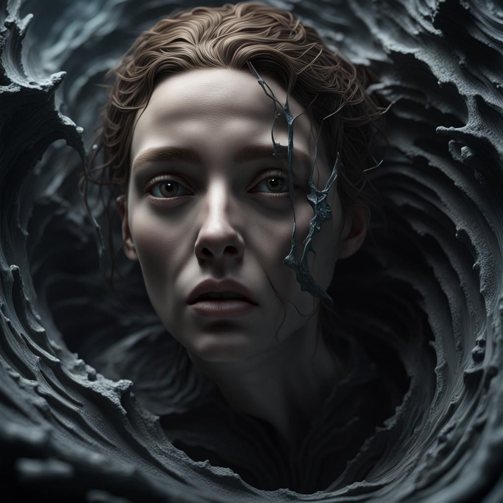 Surréal woman put in abyss, surréaliste, 3D, sharp focus, sharp details ...