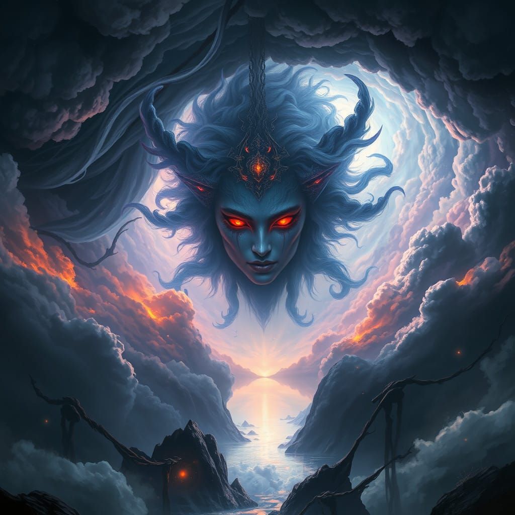 Ethereal Goddess of Death Sails Above the River St... - AI Art