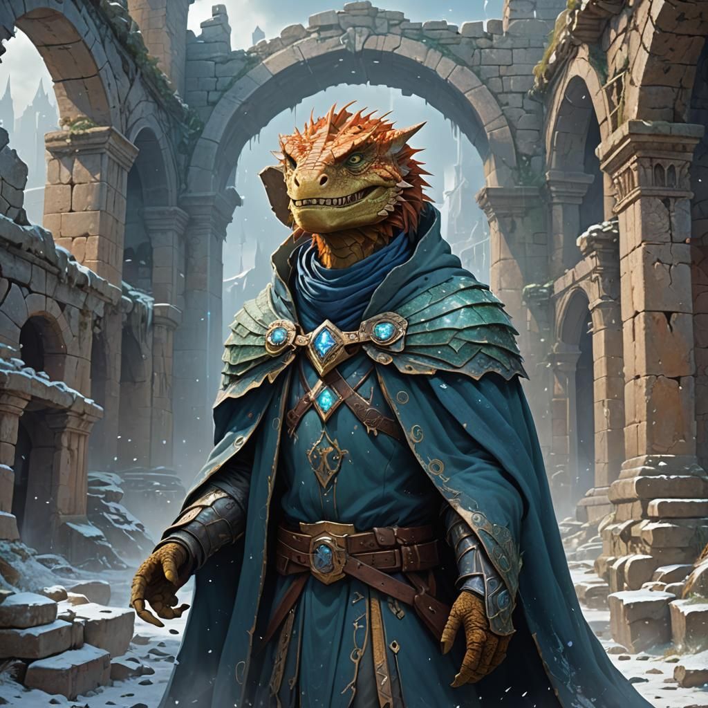a lizardfolk wearing a cloak, blue eyes, smiling, ginger hair, ancient ...