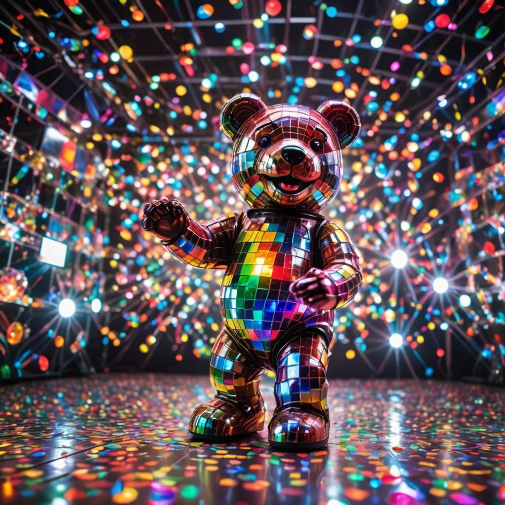 Colorful jelly bear dancing in a party hall disco, lasers, disco mirror ...