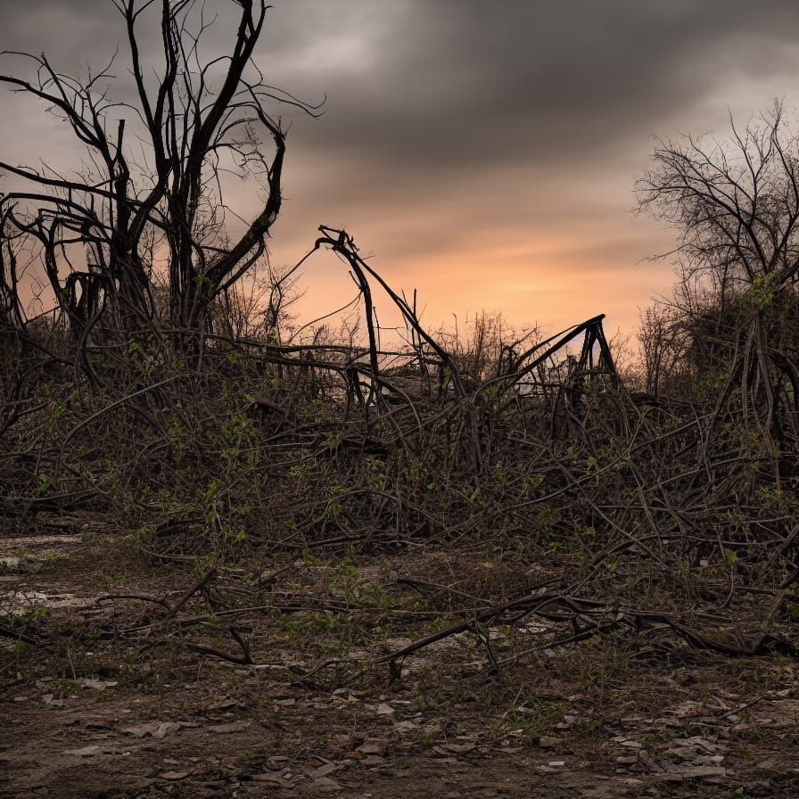 crumbling buildings, post-apocalyptic town, dark, gloomy, dead ...