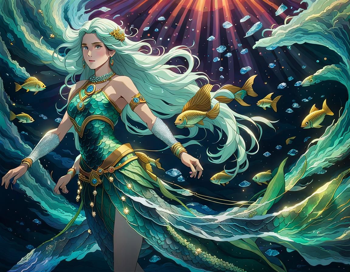 (magical artwork of a god of the sea with glittering fish scales on the ...