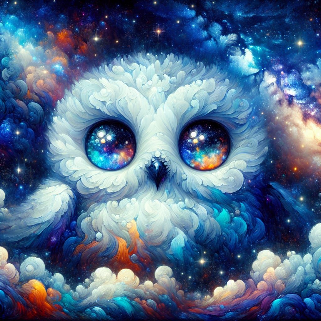 an adorable chibi snowy owl made of clouds, dark starry night, stained ...