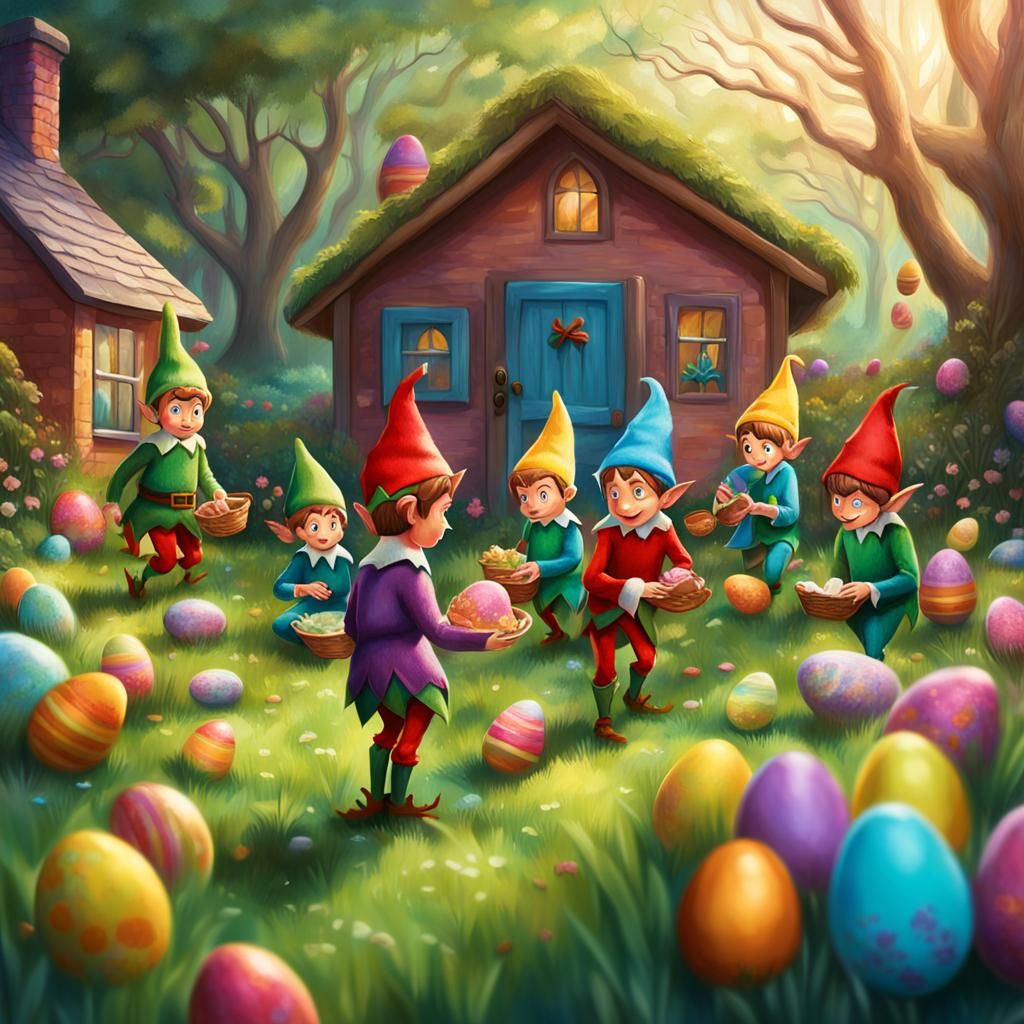 A group of elf searching for hidden Easter eggs in a backyard - AI ...