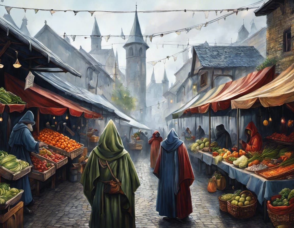 Intricately detailed medieval mysterious hooded merchants and travelers ...