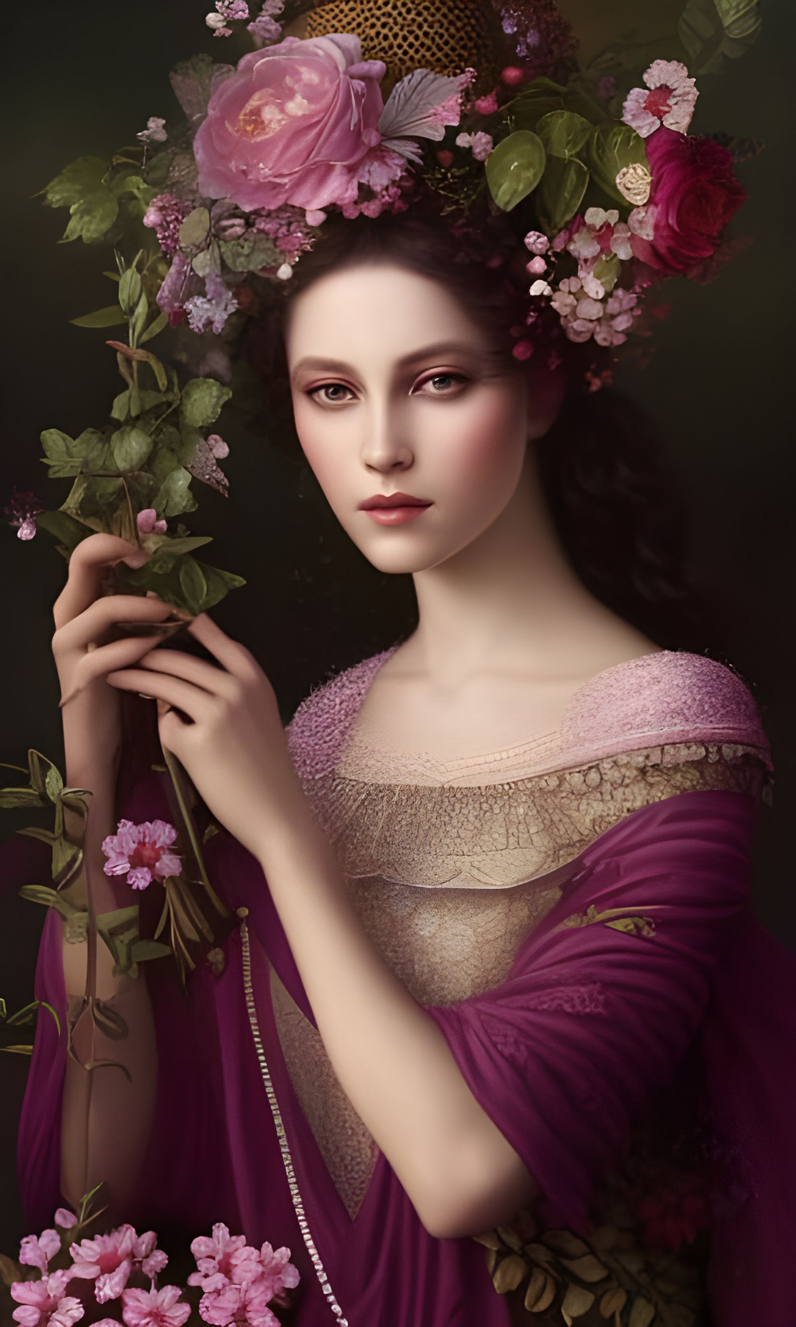Portrait Of beautiful medieval queen wearing lace surrounded by Plants ...