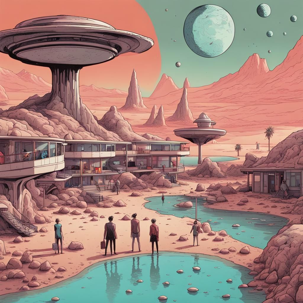 A surreal artistic comic interpretation of a holiday resort on a ...
