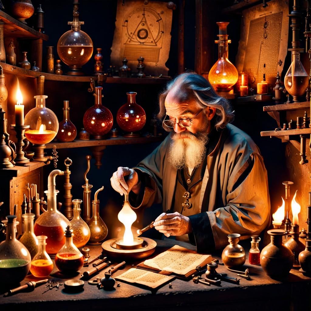several alchemists immersed in their art, surrounded by alchemical ...