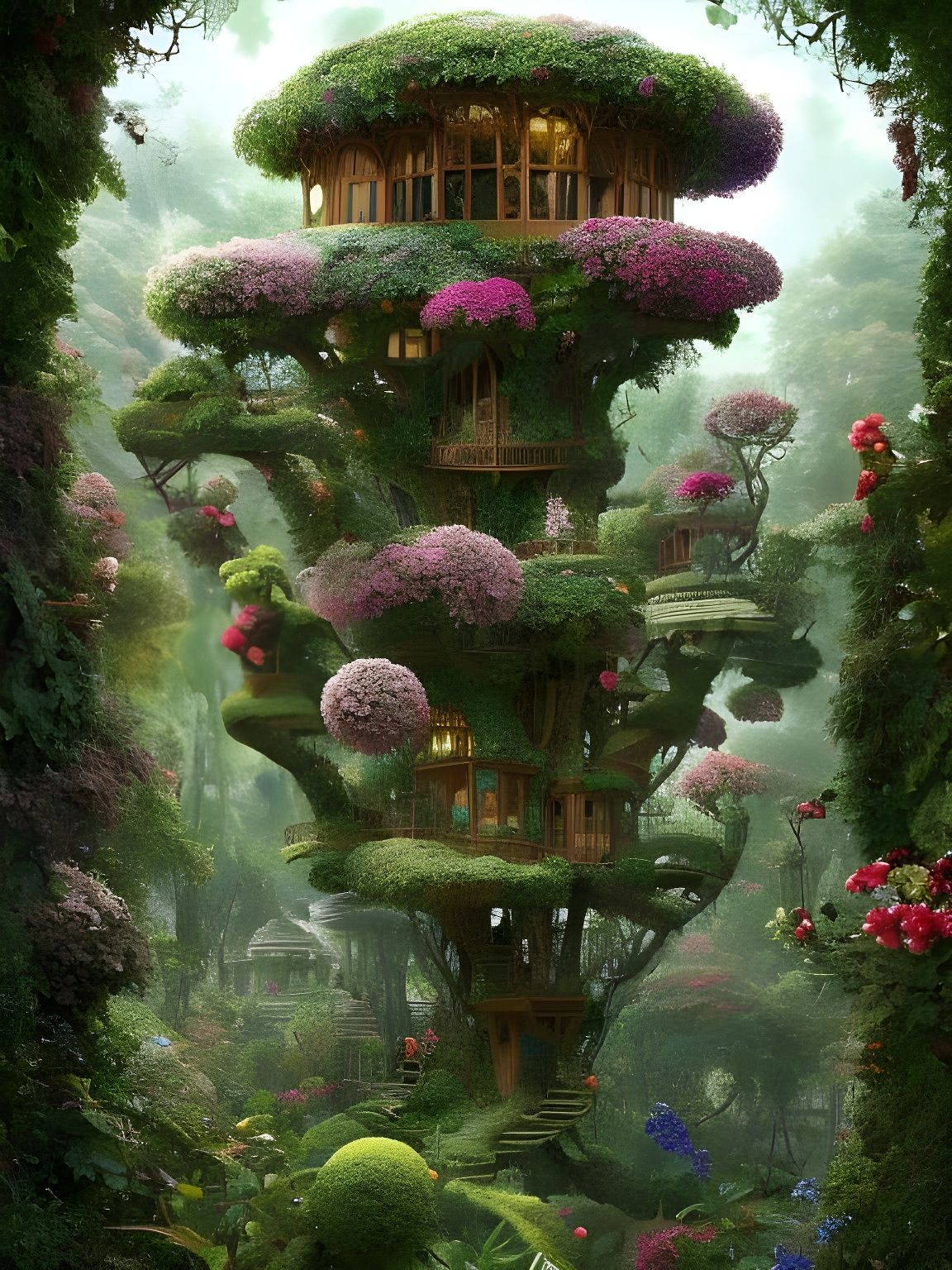 Flower garden treehouse series - AI Generated Artwork - NightCafe Creator