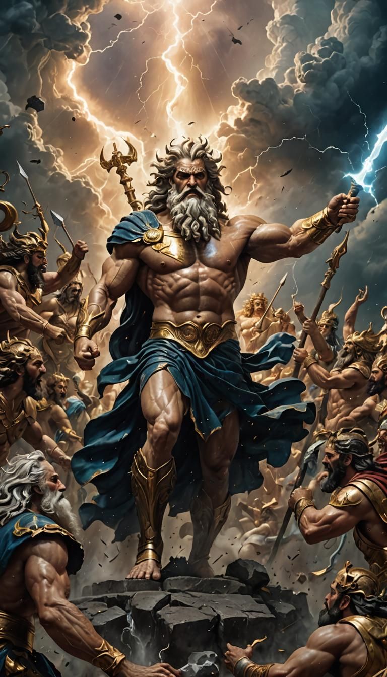 Hyperrealistic painting of Zeus and other gods in an epic battle - AI ...