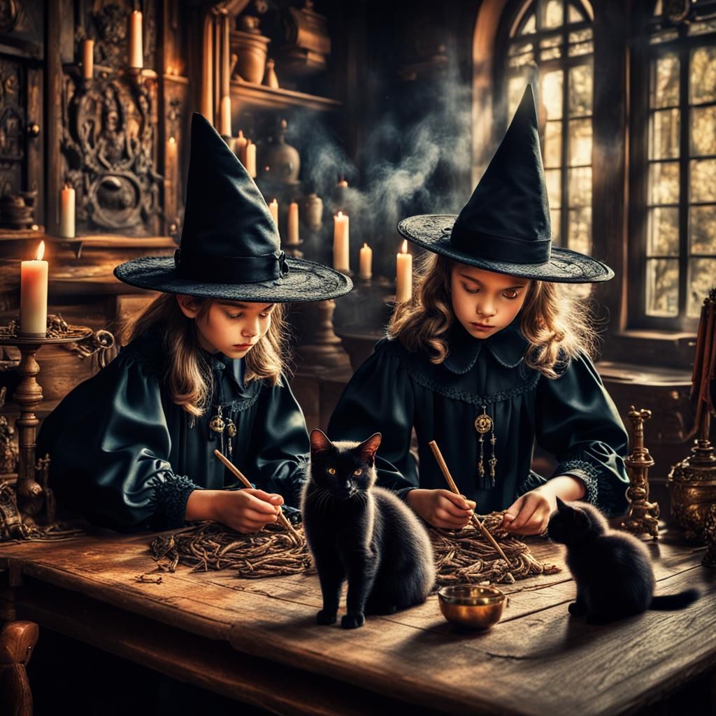 Young witches conjuring little black cats at a young witches academy ...
