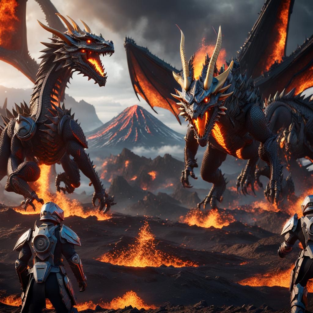 dragons hunting in a pack breathing flames with a volcano in the ...